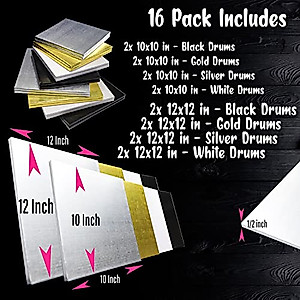 [ 16 Pack ] Square Cake Drums in 2 Sizes and 4 Colors - Black, Gold, Silver & White. 10 Inch and 12 Inch - 1/2 Inch Thick with Smooth Edge. Use as Cake Base, Cake boards and its Reusable