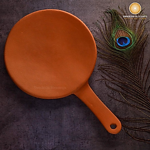 SWADESHI BLESSINGS Exclusive Range Unglazed Clay Tawa With Handle/Mitti Ke Bartan/Mud Tawa For Roti, Chappati, Paranthas/Earthen Indian Bread Maker + FREE ASH For Cleaning (9 Inches)
