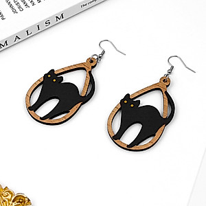 Yomlry Halloween Earrings for Women Pumpkin Black Cat Halloween Jewelry Ghost Bat Spooky Dangle Earrings for Halloween Eve Party Accessories Double-sided Holiday Wood Earrings Set Jewelry Gift black cat