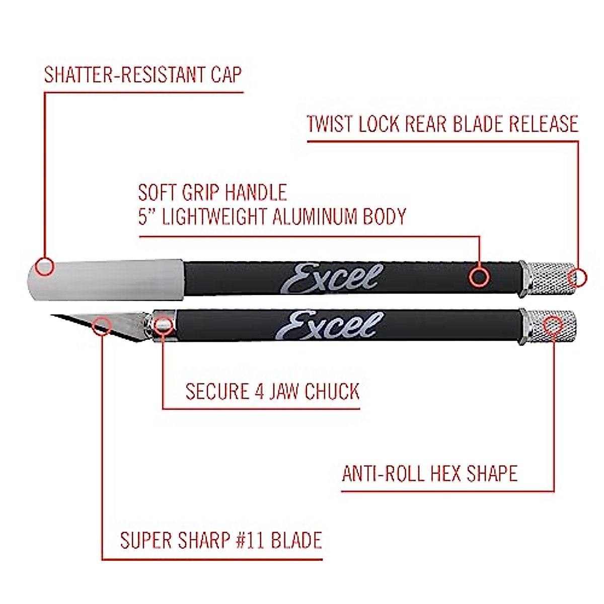 Excel Blades Soft Grip Craft Knife Set, Soft Grip Fine Point Angled Blades for Precision Cutting & Trimming, Multi-Purpose Hobby, Scrapbooking, Crafting Tools, Red, 1-Pack With 15 Replacement Blades