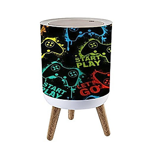 Round Trash Can with Press Lid Seamless abstract with colorful silhouettes joystick game for boys Small Garbage Can Trash Bin Dog-proof Trash Can Wooden Legs Waste Bin Wastebasket 7L/1.8 Gallon
