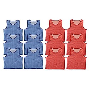 Get Out! Set of 12 Scrimmage Vest Pinnies for Teen/Adult in Red and Blue – Nylon Mesh Jerseys for Any Sport