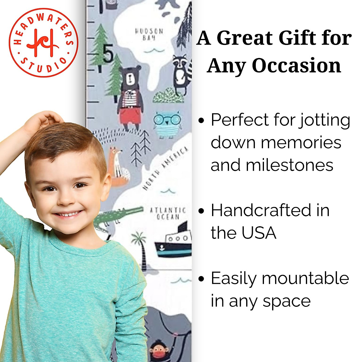 Headwaters Studio Height Chart for Kids Wood - Growth Chart for Wall Kids Growth Chart for Kids Size Chart Height Tracker Height Ruler Kids Height Chart for Wall, Wanderlust with Animals - 63" x 6.7"