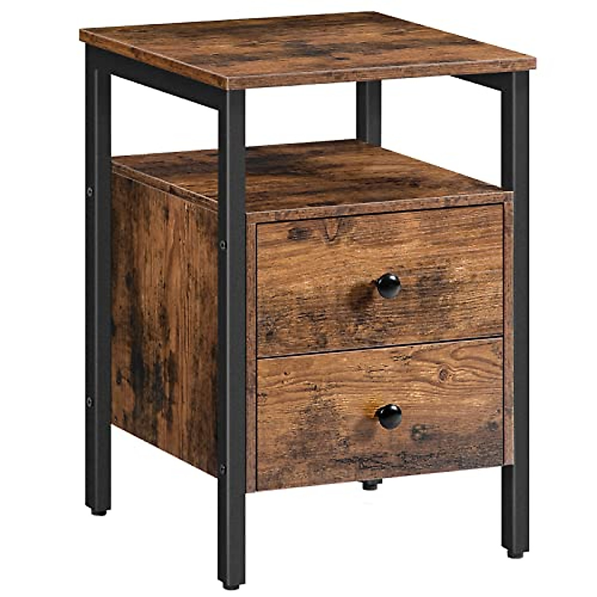 HOOBRO Nightstand, Bedside Table with 2 Drawers and Storage Shelves, Side End Table, Sofa Table for Living Room, Bedroom, Accent Furniture, Easy Assembly, Rustic Brown and Black BF43BZ01G2