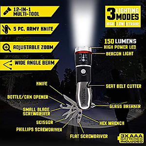 ZeroDark Pocket Knife Flashlight Multitool Emergency Car Kit with Car Window Breaker Seatbelt Cutter - 10-in-1 Car Escape Tool with Swiss Army Knife, Batteries Included