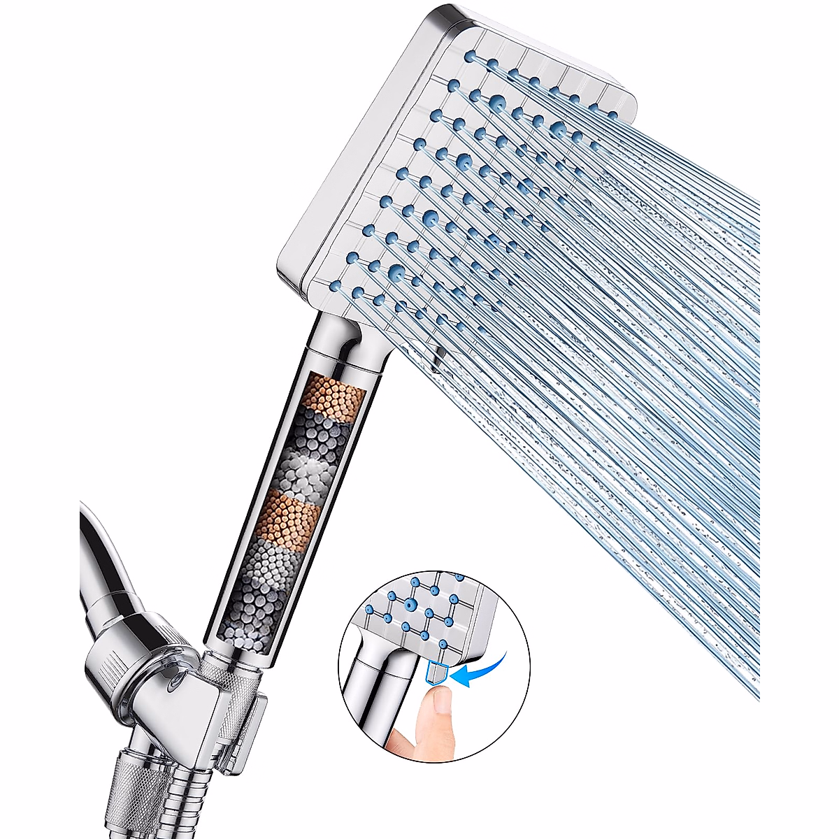 Heemli Handheld Shower Head with Filter, High Pressure 6 Spray Mode Filtered Shower Head with Hose, Bracket and Water Softener Filters Beads for Hard Water Remove Chlorine, Chrome