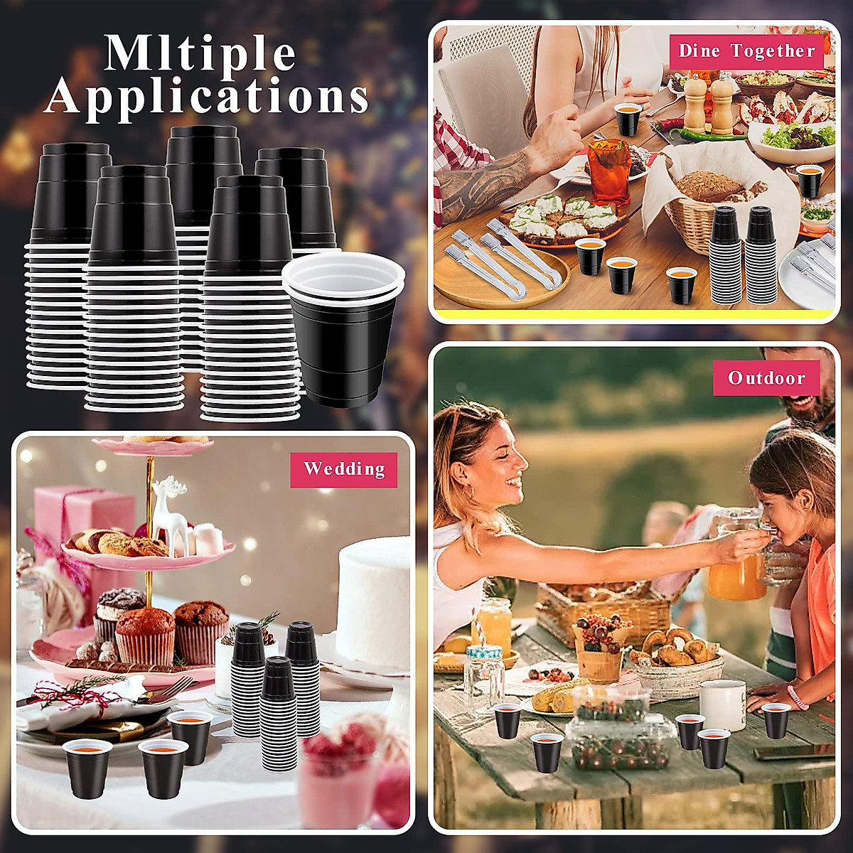 Cynquma 200Pcs 2 oz Black Plastic Shot Glasses, Disposable Mini Party Cups for Drinking, Birthday Parties, Weddings, and Other Occasions