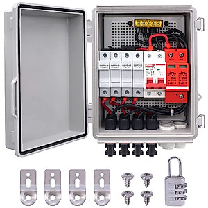 mankk 4 String PV Combiner Box IP65 Waterproof Solar Combiner Box with 63A Circuit Breaker Lightning Arreste Solar Connector and 15A Rated Current Fuse for On/Off Grid Solar Panel System PV-BOX-4X