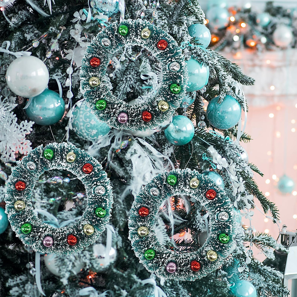 Winlyn 6 Pcs Frosted Teal Miniature Decorated Frosted Sisal Christmas Wreath Bottle Brush Wreaths 4.7" Wide for Winter Christmas Tree Hanging Ornaments Festive Celebration Supplies Holiday Crafts