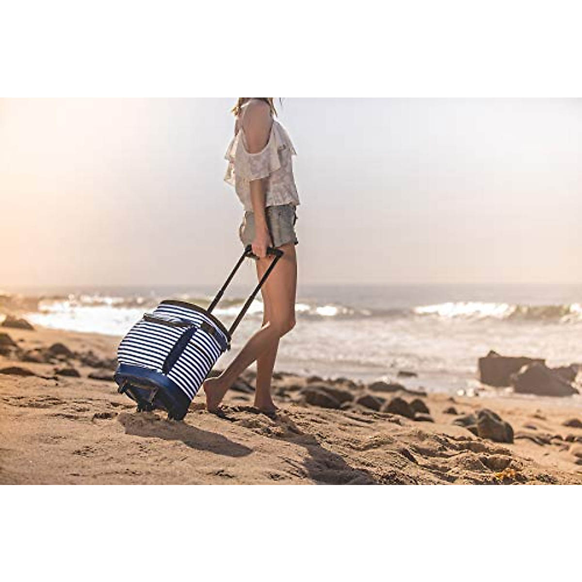 ONIVA - a Picnic Time brand Portable Rolling Cooler with Wheels and Handle, Water-Resistant Wheeled Trolley, (Navy Blue & White Stripe)