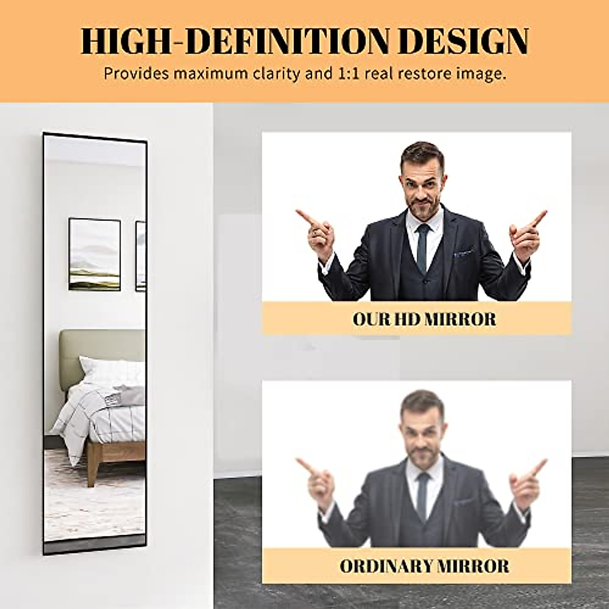 Beauty4U Full Length Mirror for Wall Full Body Mirror Wall Mounted Long Mirror Over The Door Mirror with Black Aluminum Alloy Simple Frame for Bedroom Living Room, 48”x 12”