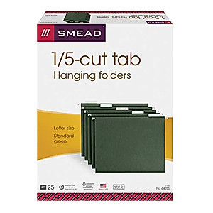 Smead Hanging File Folder with Tab, 1/5-Cut Adjustable Tab, Letter Size, Standard Green, 25 per Box (64055)