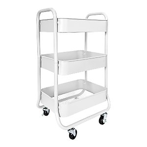 Homestead 3-Tier Rolling Cart - Heavy Duty Metal Rolling Cart, Lockable Casters, Multifunctional Storage Shelves - Great for Kitchen, Office, Bathroom, Laundry Room (White)