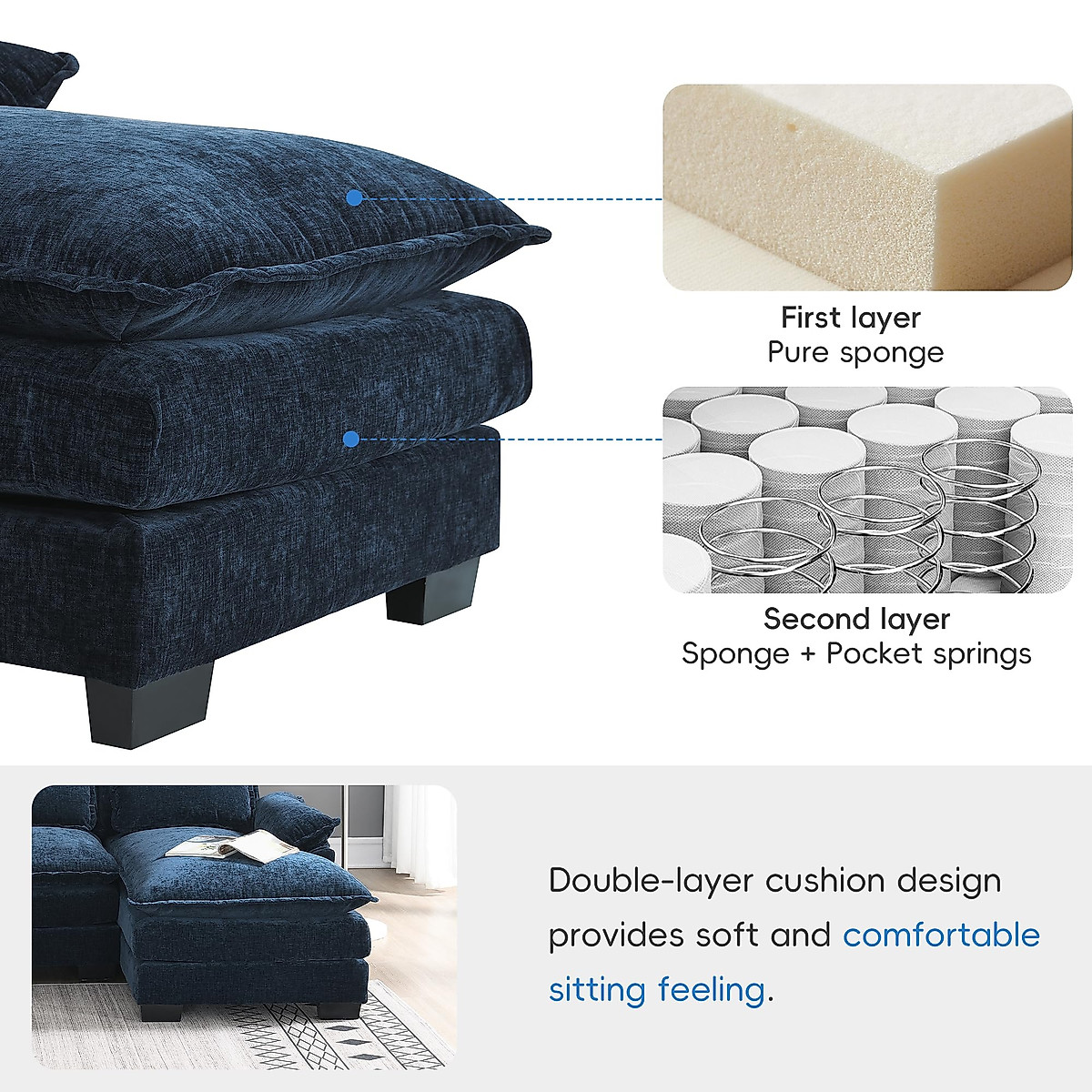 Tmsan 109.8" Sectional Sofa Cloud Couch for Living Room, Modern U Shaped Modular Sofa with Double Chaise Lounge, Large 4 Seater Chenille Sleeper Sofa for Apartment Office (Blue)