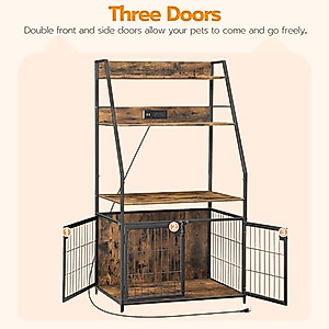 Dog Crate Furniture with Storage Shelves, 31.5 Inch Heavy Duty Dog Crate with Power Outlet, Wooden Dog Kennel Indoor Furniture for Small Medium Dogs, Three Doors, Rustic Brown and Black BF80UGW03