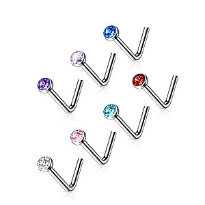 FIFTH CUE Solid Titanium Press Fit Cubic Zirconia 2mm Micro Ball Top L bend Stud Nose Ring (18G)