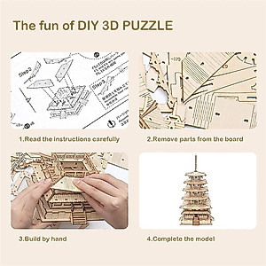 Rolife 3D Wooden Puzzles Temple Building Kit - 275PCS Japanese Five-storied Pagoda 13" Model Craft Kits for Adults/Boys/Girls