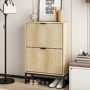 Lisicues Shoe Cabinet Storage for Entryway, Modern Slim Shoe Organizer, Tipping Shoe Cabinet with 2 Flip Drawers Fluted Panel, Narrow Shoe Rack for Living Room (Wood)