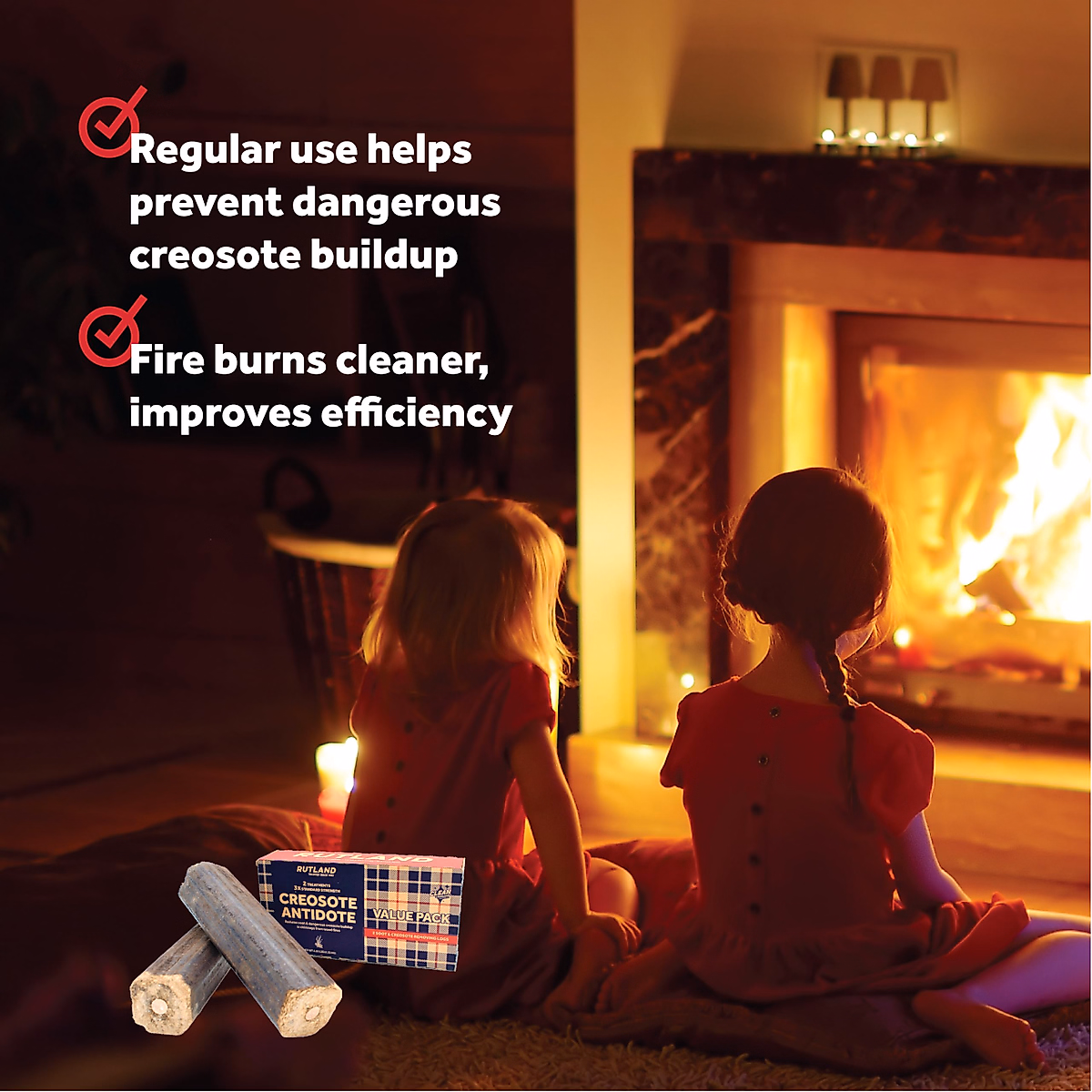 Rutland Creosote Antidote™, 3X Cleaning Power, Chimney Cleaning Fire Logs, 2-Pack Creosote Sweeping Firelogs, 2.45 lbs Each Treatment, Made in USA