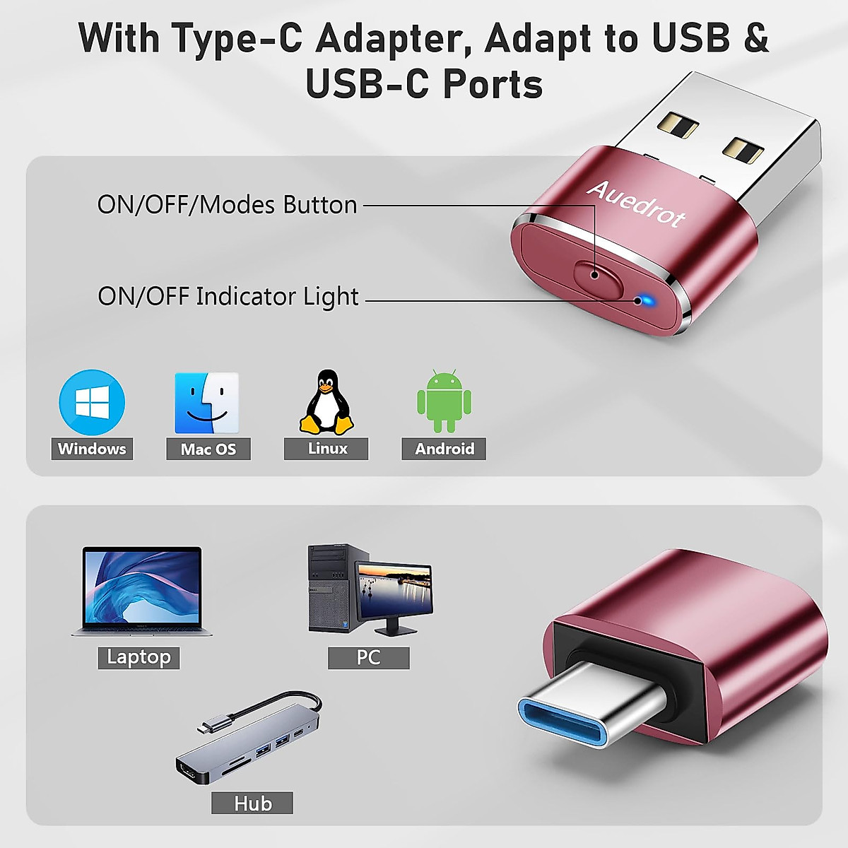 Mouse Jiggler Undetectable Metal USB Mouse Mover with Switch Button, Automatic Mouse Shaker with 2 Jiggle Modes, Driver-Free, Plug & Play, Keep Computer/Laptop Awake, with USB-C Adapter, Rose Gold