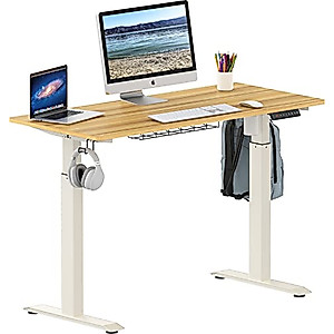 SHW Electric Height Adjustable Standing Desk with Hanging Hooks and Cable Management, 48 x 24 Inches, Oak