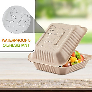 Raj Eco To Go Containers Compostable Clamshell Disposable, [8x8" 50-Pack] Take out Box With Hinged Lids, Meal-Prep, Eco Friendly, Biodegradable, food container made of sugar cane Bagasse BROWN