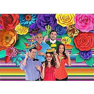 Mexican Theme Party Striped Backdrop Fiesta Cinco De Mayo Paper Flowers Background Party Decoration for Cake Table Decor Photo Booth 7X5FT 071
