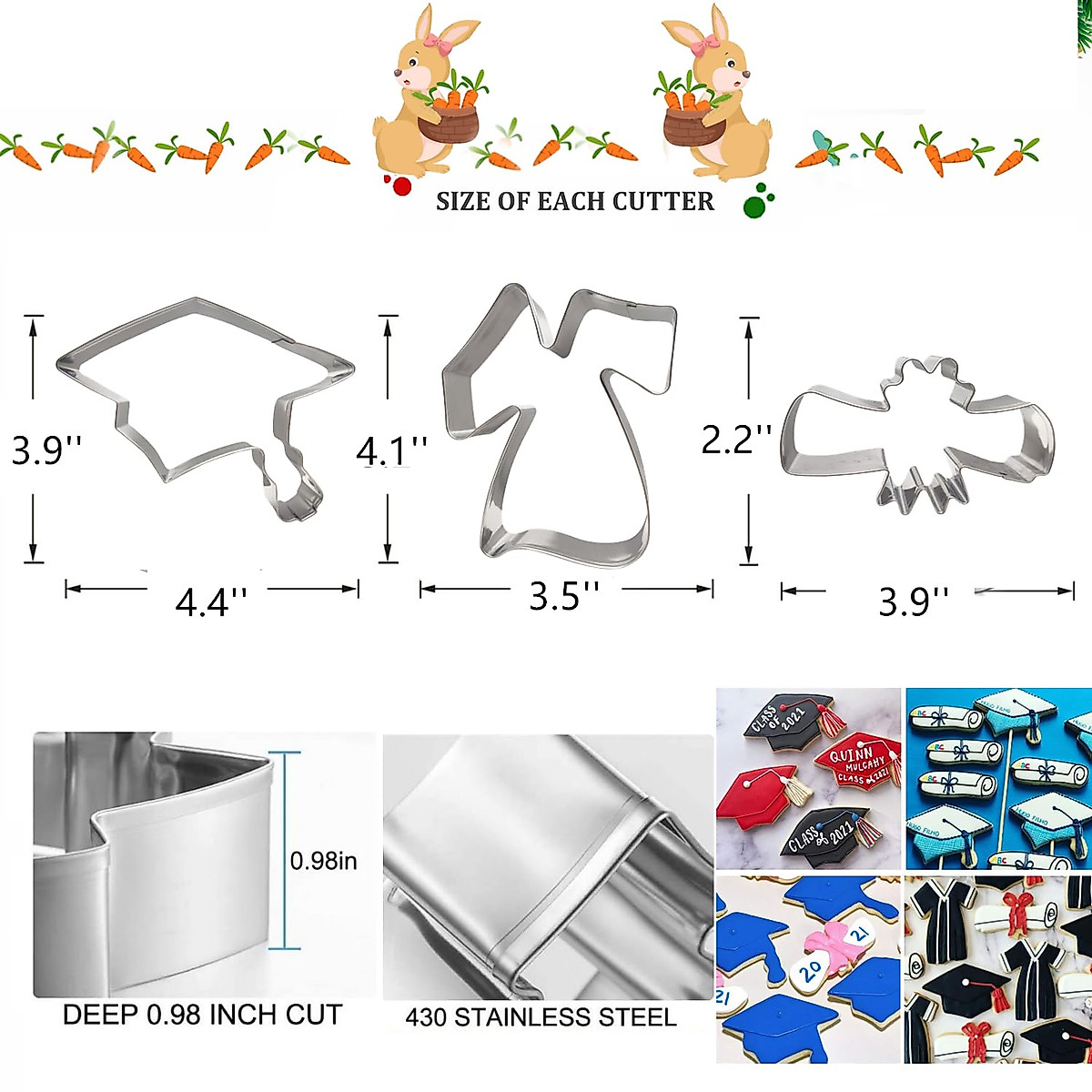 3Pcs Graduation Cookie Cutters, Stainless Steel Molds Graduation Cap, Gown, Diploma Shapes for High School College Parties
