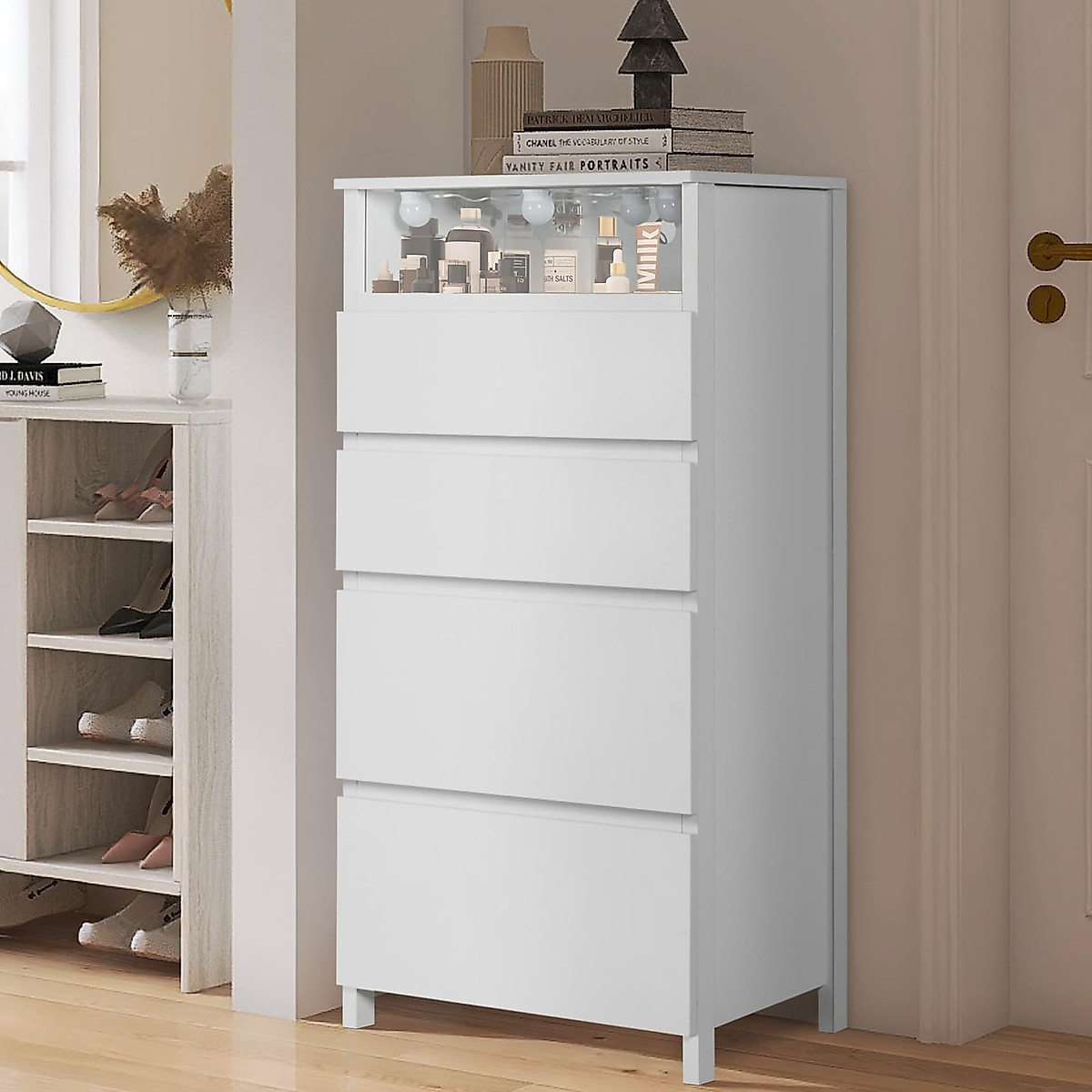 LTMEUTY Dresser for Bedroom, 4 Drawer Dresser with Mirror and Lights, Modern Tall Chest of Drawers with Makeup Organizer for Small Space, Bedroom, Entryway, Living Room (White)