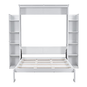 Merax Queen Size Murphy Bed, Queen Wall Bed Frame with Shelves and LED Lights, White