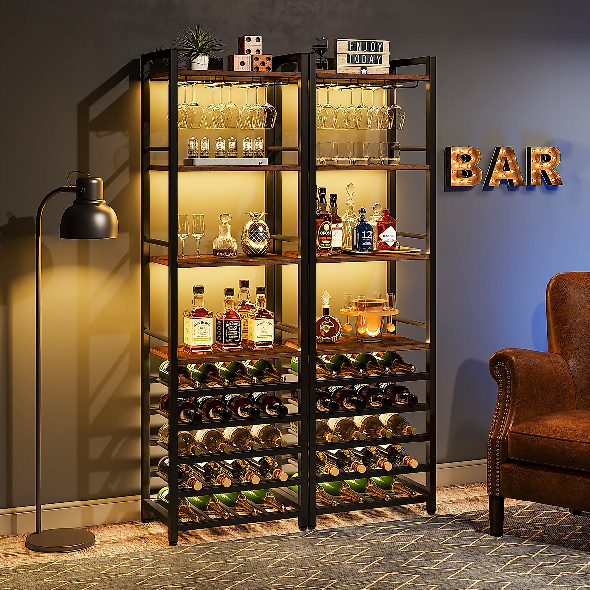 Tribesigns 20 Bottle Wine Bakers Rack, 9 Tier Freestanding Wine Rack with Glass Holder and Storage Shelves, Multi-Function Wine Bar Cabinet Bottle Holder for Kitchen, Dining Room, Rustic Brown