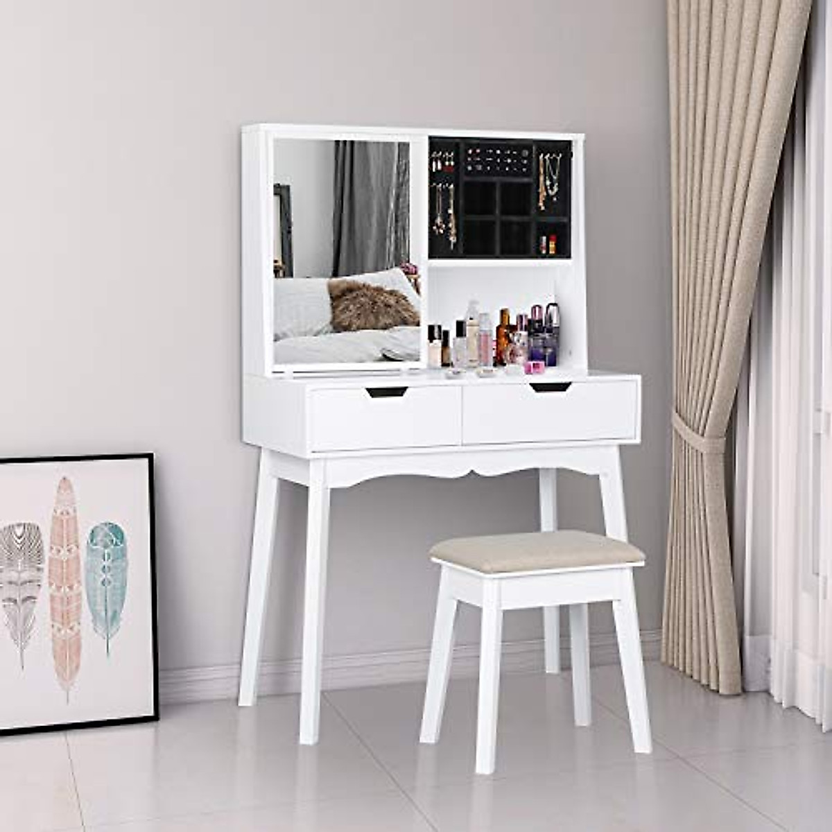LYNSLIM Vanity Desk, Makeup Vanity with Mirror & LED Lights，Makeup Vanity Table with 2 Drawers & 4 Storage，Small Vanity Set Storage Stool for Dressing Bedroom (White, Extra)