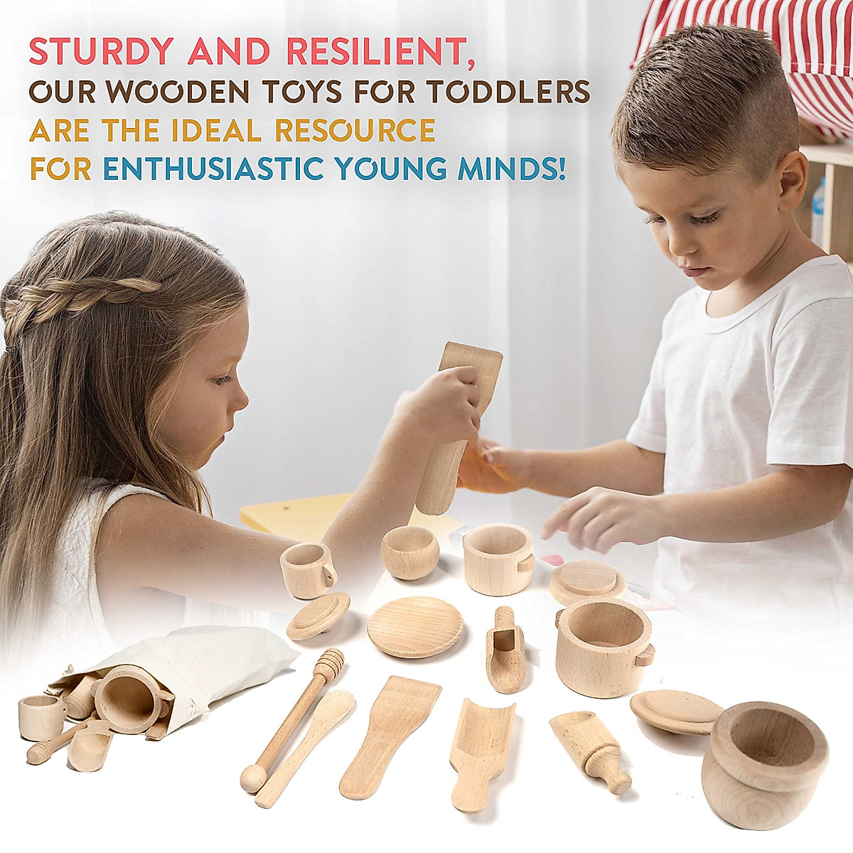 Sensory Bin Tools with Wooden Box, Montessori Toys for Toddlers & Kids, Set of 12 Wood Waldorf Toys for Transfer Work, Sensory Learning & Motor Skill Development