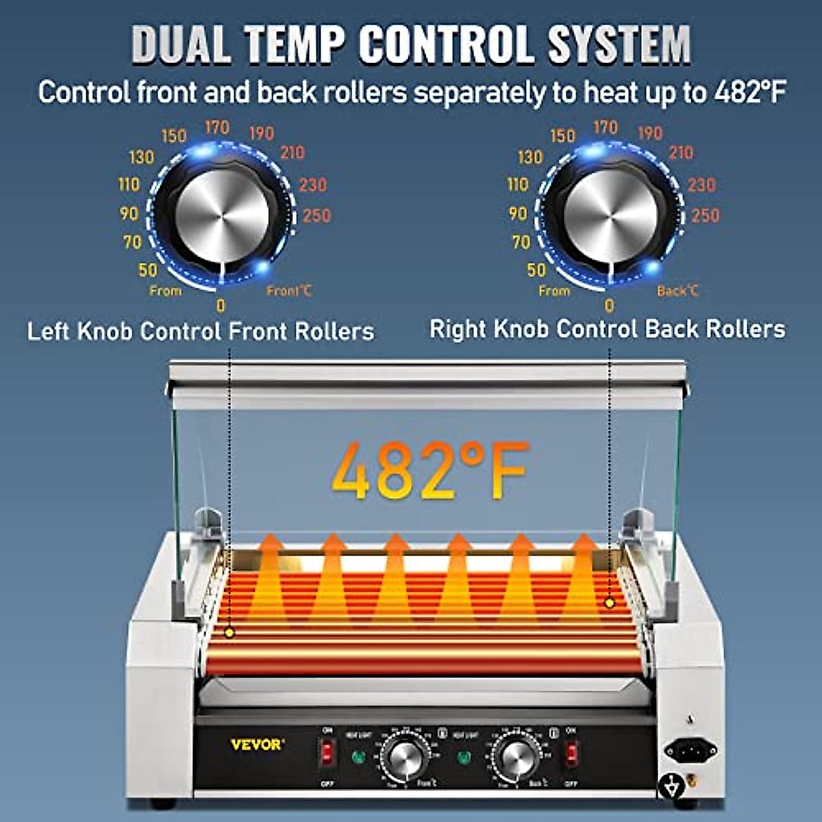 VEVOR Hot Dog Roller, 30 Hot Dog Capacity 11 Rollers, 1800W Stainless Steel Cook Warmer Machine w/Cover & Dual Temp Control, LED Light & Detachable Drip Tray, Sausage Grill Cooker for Kitchen Canteen