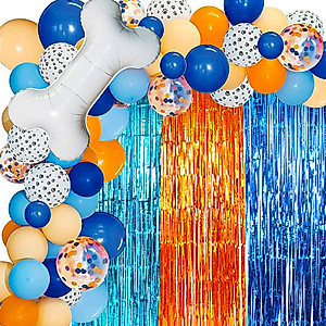 Whaline 124Pcs Blue Birthday Party Balloon Garland Arch Kit Blue Orange Dog Paw Bone Foil Balloons Fringe Curtains Party Decor for Boys Girls Baby Shower Blue Theme Birthday Party Decorations