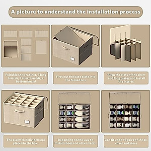 FHSQX Shoe Organizer for Closet,Fits 12 Pair,Shoe Storage Bins with Clear Cover & Adjustable Dividers for Shoes,Shoe Box Storage for Handbags,Blankets,Linen,Clothing (Beige, (19.7 * 15.7 * 12.9) x1)