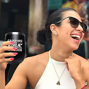 Chris's Stuff 12 oz Wine Tumbler - Iced Coffee Mug with Splash-Proof Lid Stainless Steel Double Wall Vacuum Insulated with Inner Layer Copper Keep Drinks Cold/Hot - Quote: Camping Without Wine (Black)