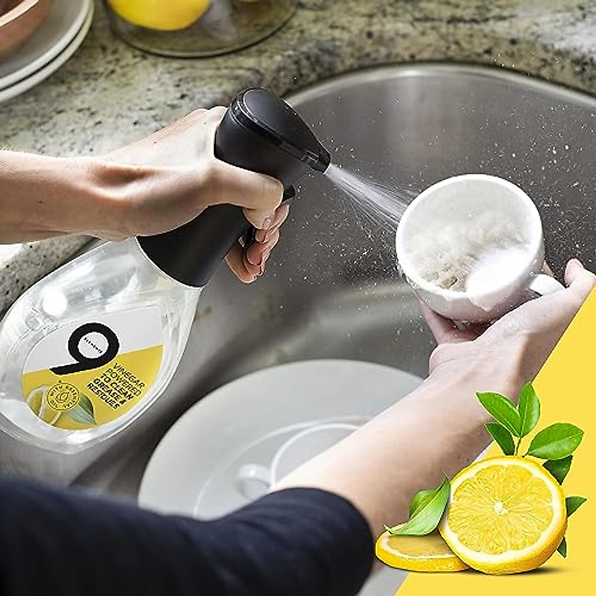 9 Elements Natural Dish Soap, Dishwashing Liquid with Lemon Essential Oils, Made with the Power of Vinegar, 1 Dish Spray Starter Kit & 3 Refills (64 oz Total)