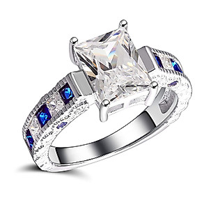Ginger Lyne Collection Katharina Sterling Silver 2.5CT Emerald cut with Blue Accent CZ Engagement Wedding Bridal Ring Size 5