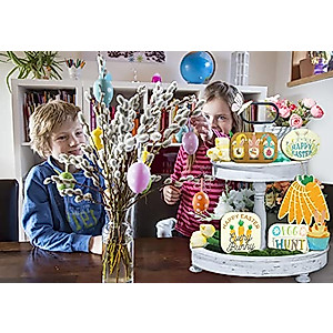 Hying 10 PCS Easter Bunny Gnomes Tiered Tray Decoration, Easter Eggs Mini Wooden Signs Words Letters Garland Carrot Rabbits Tabletop Signs for Home Farmhouse Rustic Kitchen Decor