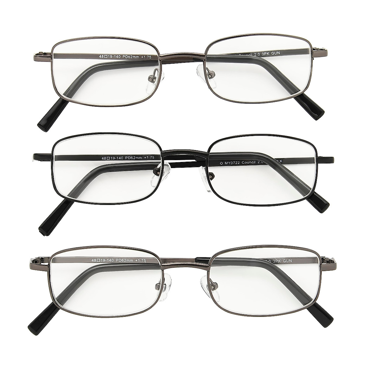 Foster Grant Men's Council Rectangular Reading Glasses, Gunmetal and Black, 3 Pack, 2.75x