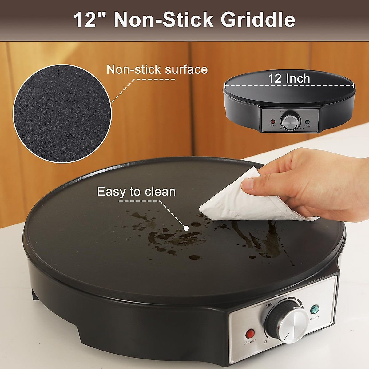 UVFAST Crepes Maker 12'', Electric Crepe Maker & Griddle, Non-Stick Crepe Pan, Crepe Machine with Crepe Spreader, Perfect for Crepes Roti, Tortilla, Blintzes, Pancakes, Adjustable Temperature, 1000W