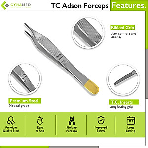Cynamed T/C Adson Plastic Surgery Forceps 4.75" Straight Fine Point with Tungsten Carbide Inserts Surgical Veterinary Instruments with Gold Handle (Serrated Tips, Adson Dressing Forceps, TC)
