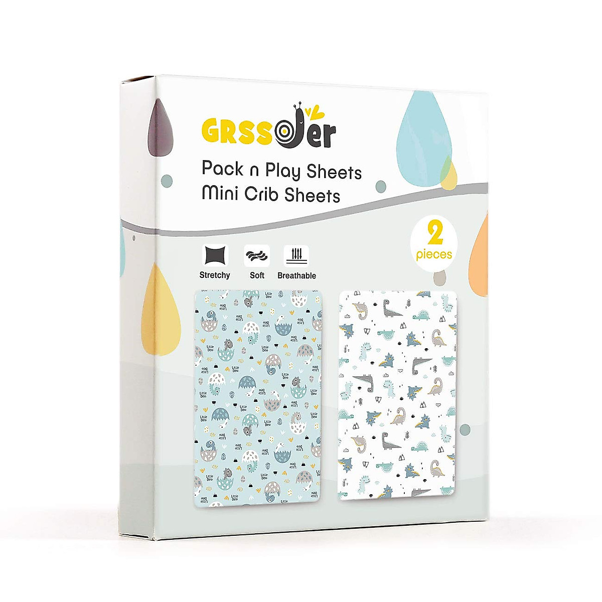 GRSSDER Stretchy Ultra Soft Jersey Knit Fitted Pack n Play Sheets Set 2 Pack, Portable/Mini Cribs Sheets, Happy Dinosaurs for Girls and Boys