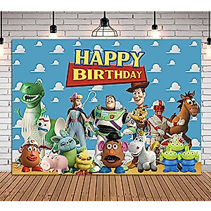 7x5ft Toy Story Theme Happy Birthday Party Photography Backdrops Blue Sky White Clouds Indoor Banner Kids Birthday Party Photo Background Cake Table Decoration Supplies Studio Booth Props