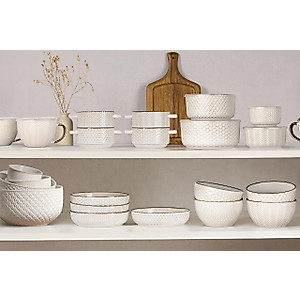 KooK Ceramic Soup Bowls with Handles, Embossed, for Cereal, Dessert, Pastas, Microwave & Dishwasher Safe, Ivory with Dark Copper Accents, Set of 4, 26.5 oz, Narbonne Collection