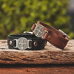 Intercession St Benedict Genuine Leather Protection Bracelet - Made in Brazil (Large - Brown)