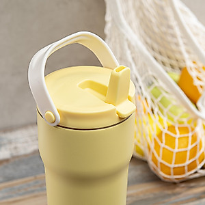 Zak Designs Sutton Travel Tumbler for On the Go, 30oz Stainless Steel with Vacuum Insulation, Straw Spout, Carry Handle for Cold Drinks (Vanilla Yellow)