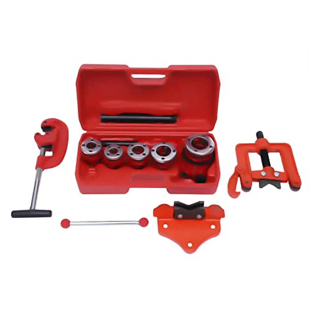 ZAWAYINE Handheld Pipe Threader Ratchet Kit W/5 Stock Dies Set, Portable Manual Ratcheting BSPT Pipe Threading Tool Set, Portable Pipe Die Set 3/8",1/2",3/4",1",1-1/4"