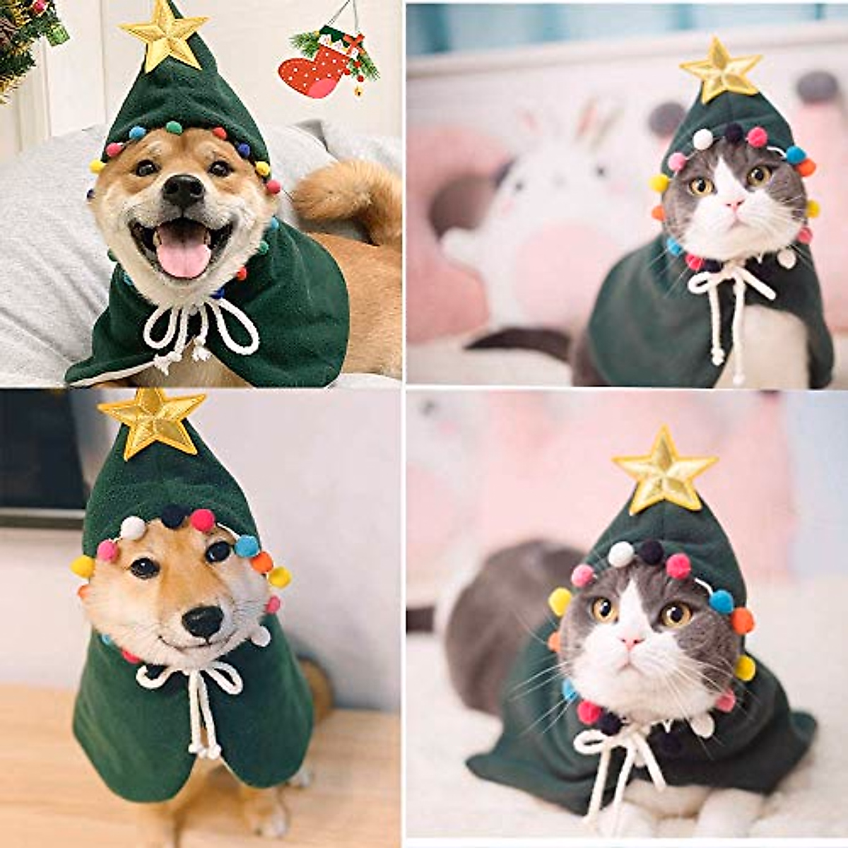 ANIAC Pet Christmas Costume Puppy Xmas Cloak with Star and Pompoms Cat Santa Cape with Santa Hat Party Cosplay Dress for Cats and Small to Medium Sized Dog (Small, Green)